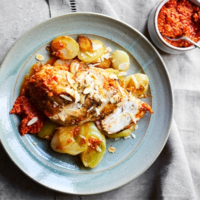 Roast Chicken with Leeks & Romesco Sauce Recipe