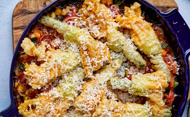 Deep Fried Courgette Flowers with Tomatoes & more Courgettes Recipe