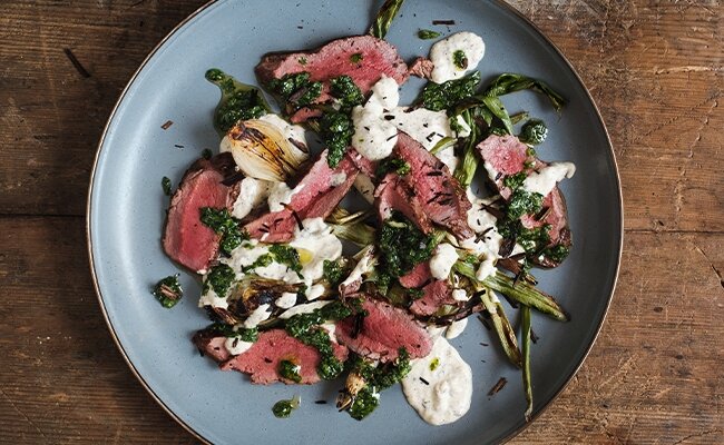 Venison Loin with Charred Spring Onions, Horseradish Cream, Onion Ash ...