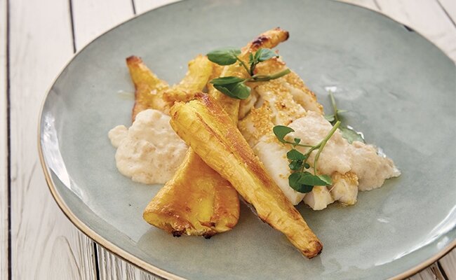 Sesame-crusted pollock with smashed honey-glazed parsnips & bread sauce ...